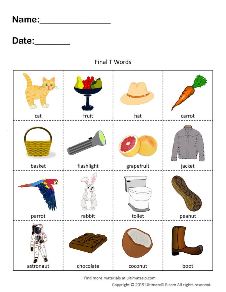 Final T Words Worksheet Ultimate SLP Final T Words Worksheet Ultimate SLP