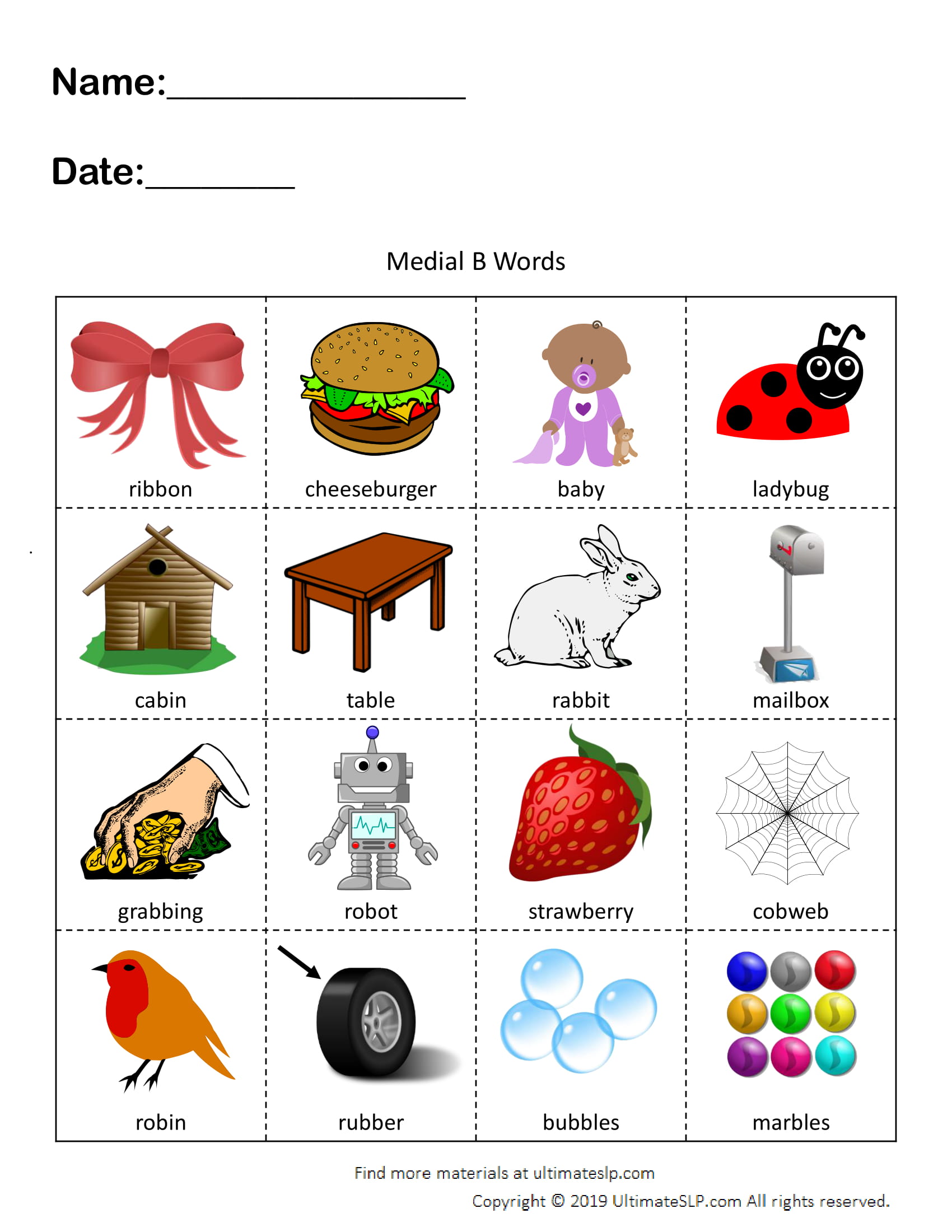 Medial B Words Worksheet Ultimate SLP